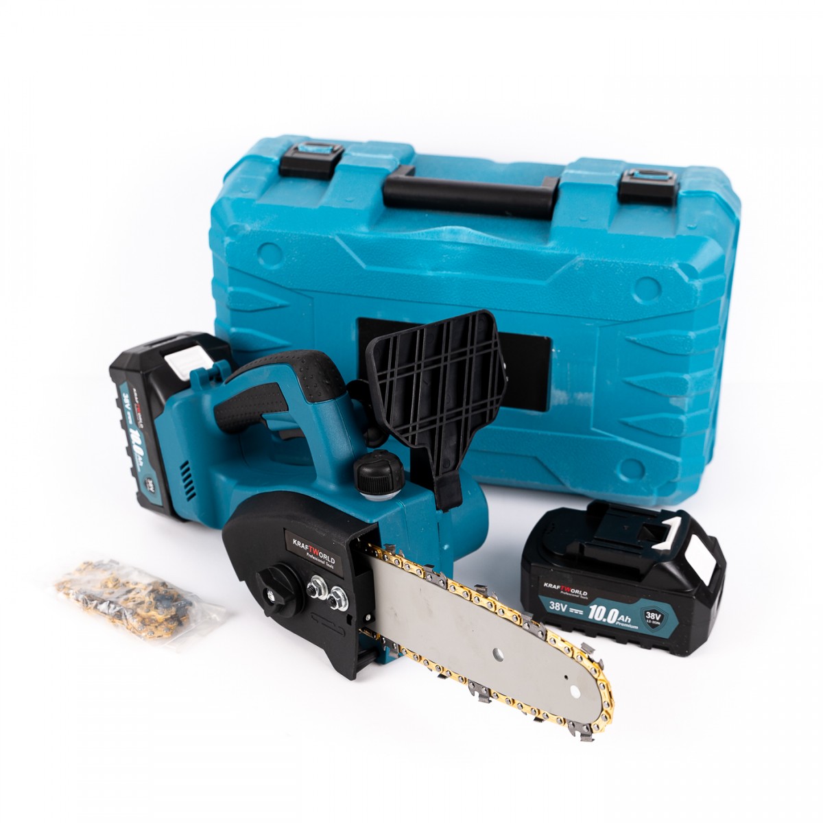 Minidrujba KraftWorld, 2 acumulatori 38V 10Ah, rezervor ulei, maner lateral si aparatoare